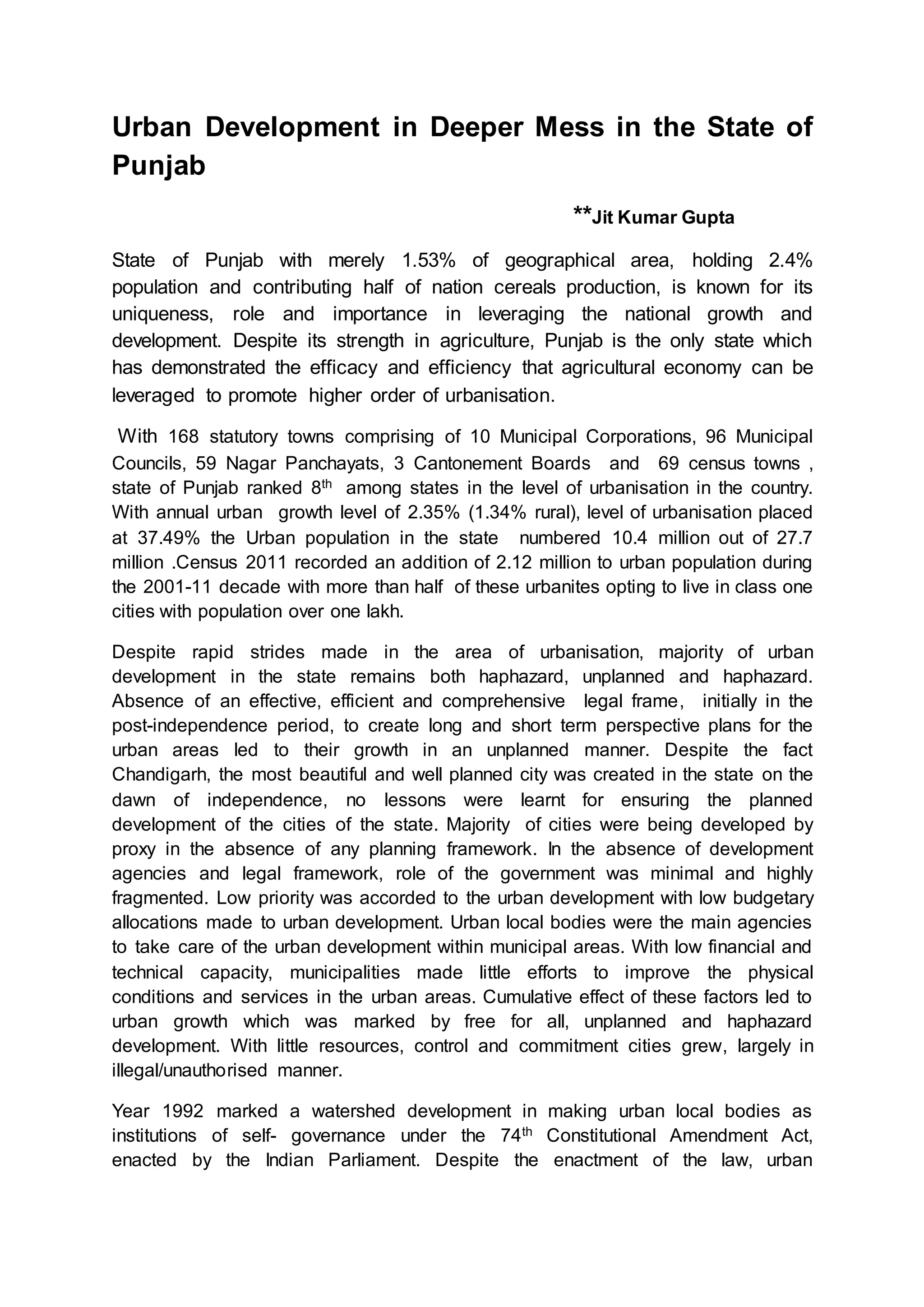 Urban development in deeper mess in the state of punjab | DOCX