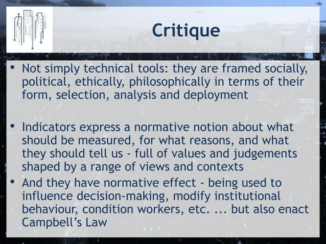 Urban indicators, city benchmarking, and real time dashboards: Knowing ...