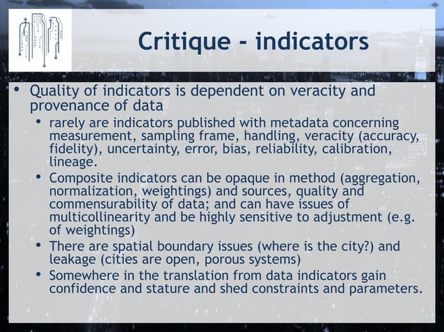 Urban indicators, city benchmarking, and real time dashboards: Knowing ...