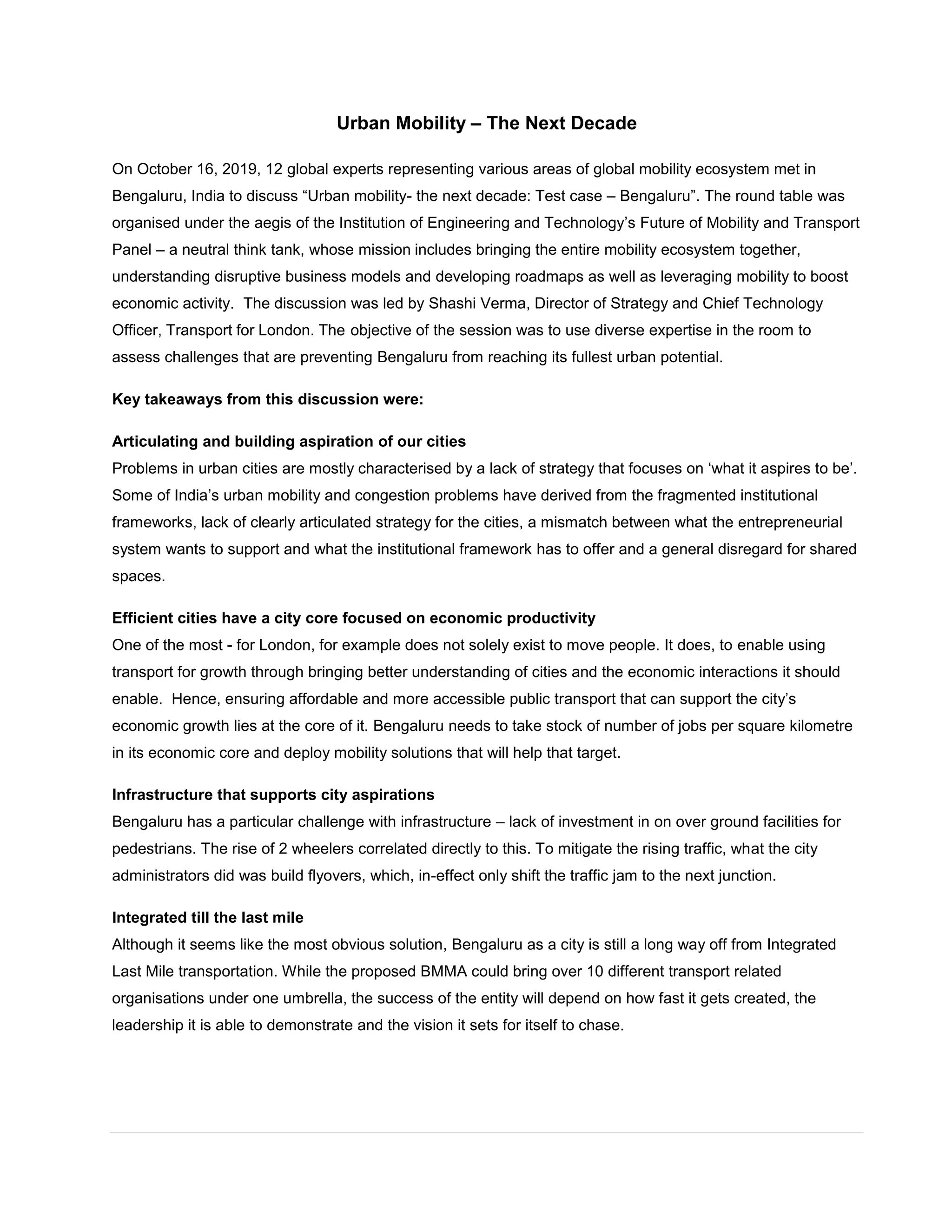Urban mobility in Bengaluru- Key takeaway report | PDF