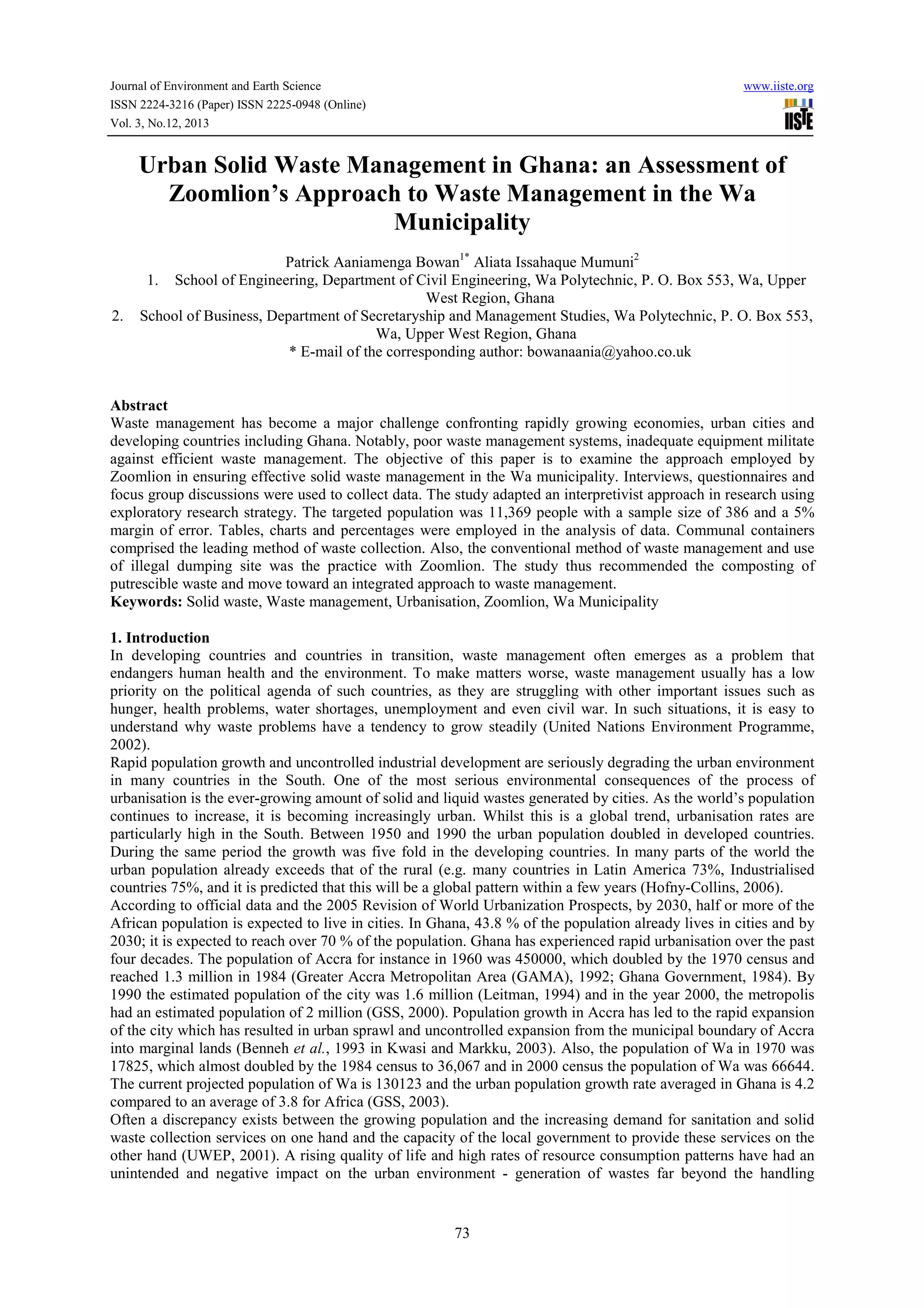Urban solid waste management in ghana an assessment of zoomlion’s ...