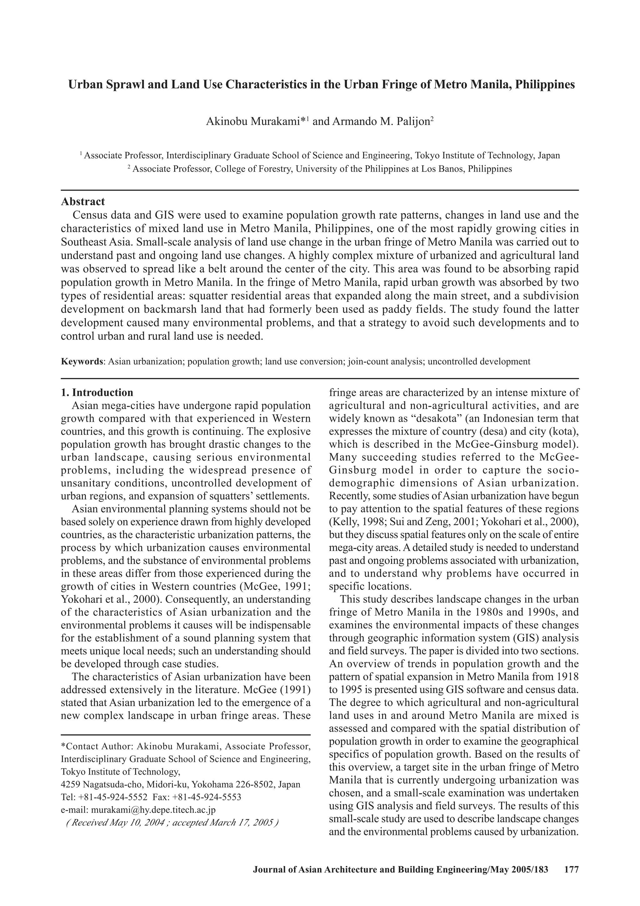 Urban sprawl and land use characteristics in the urban fringe of metro ...