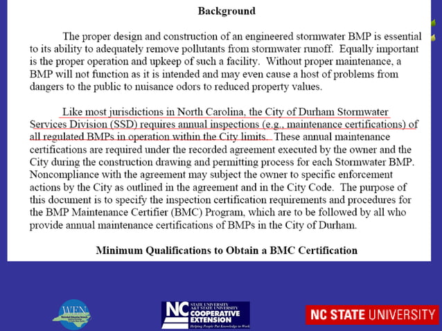 BMP Inspection and Maintenance Training in North Carolina | PPT