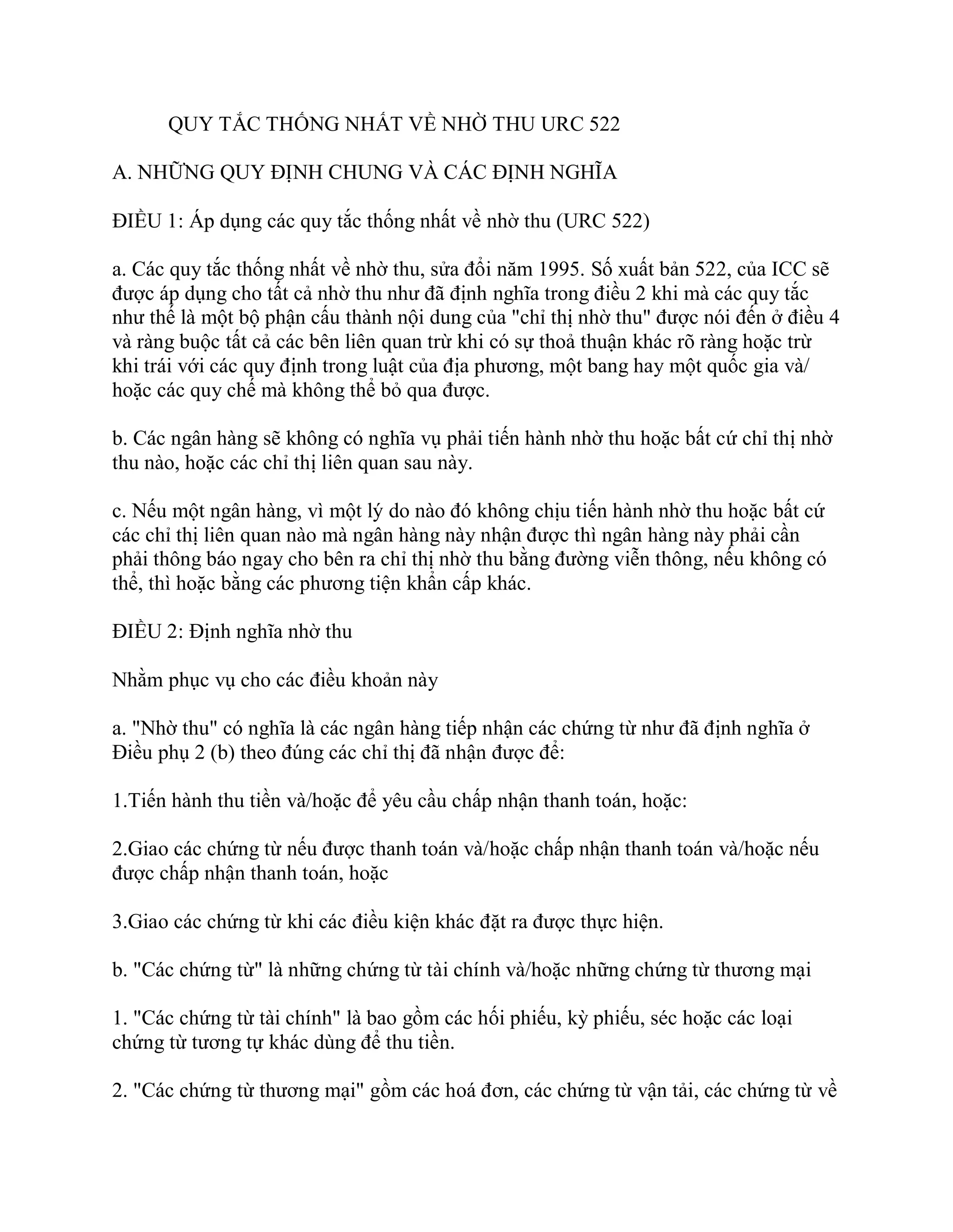 URC 522 - QUY TẮC THỐNG NHẤT VỀ NHỜ THU | PDF