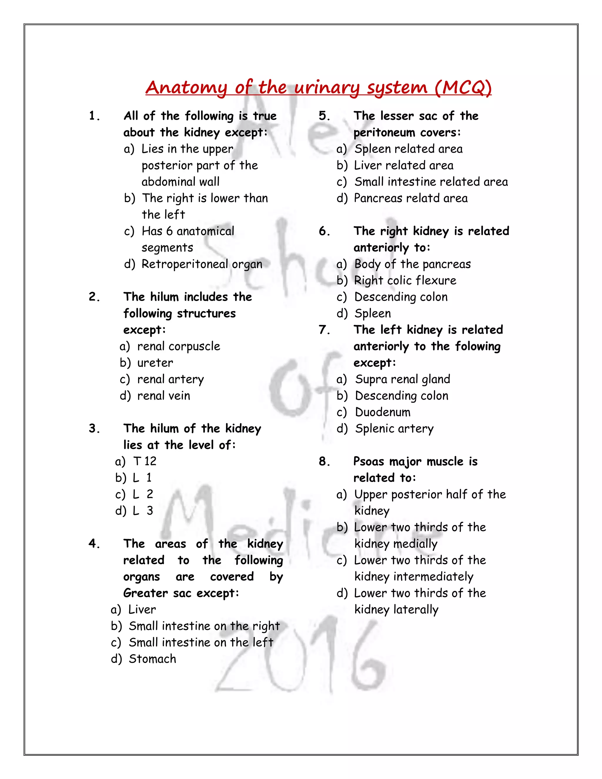 Urianry system booklet ( mc qs & essay ) | PDF