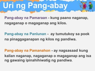 uri ng pang-abay (pamaraan, pamanahon, panlunan) | PPTX