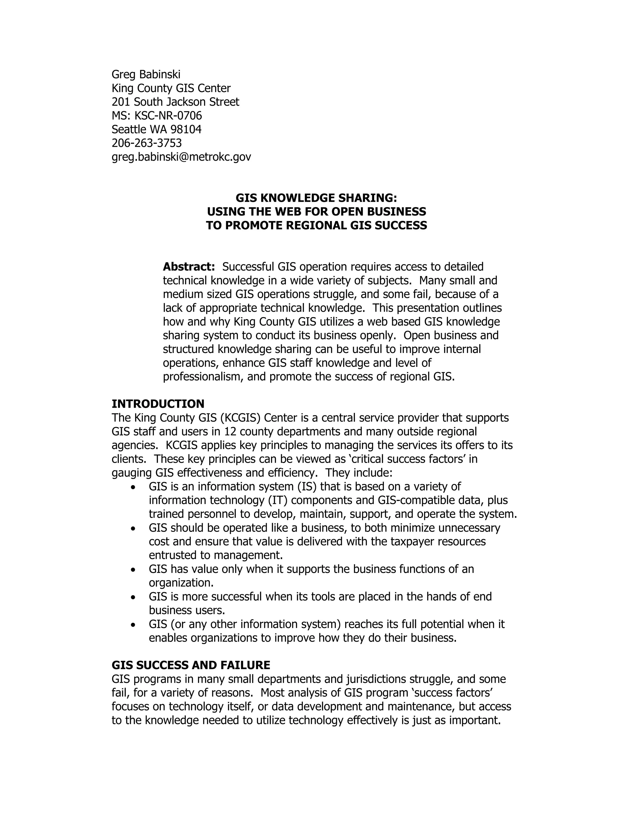 GIS KNOWLEDGE SHARING: USING THE WEB FOR OPEN BUSINESS TO PROMOTE ...