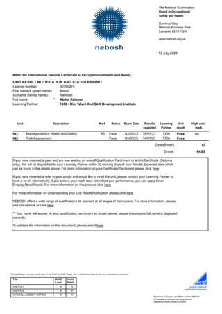 Nebosh marksheet 2023 | PDF