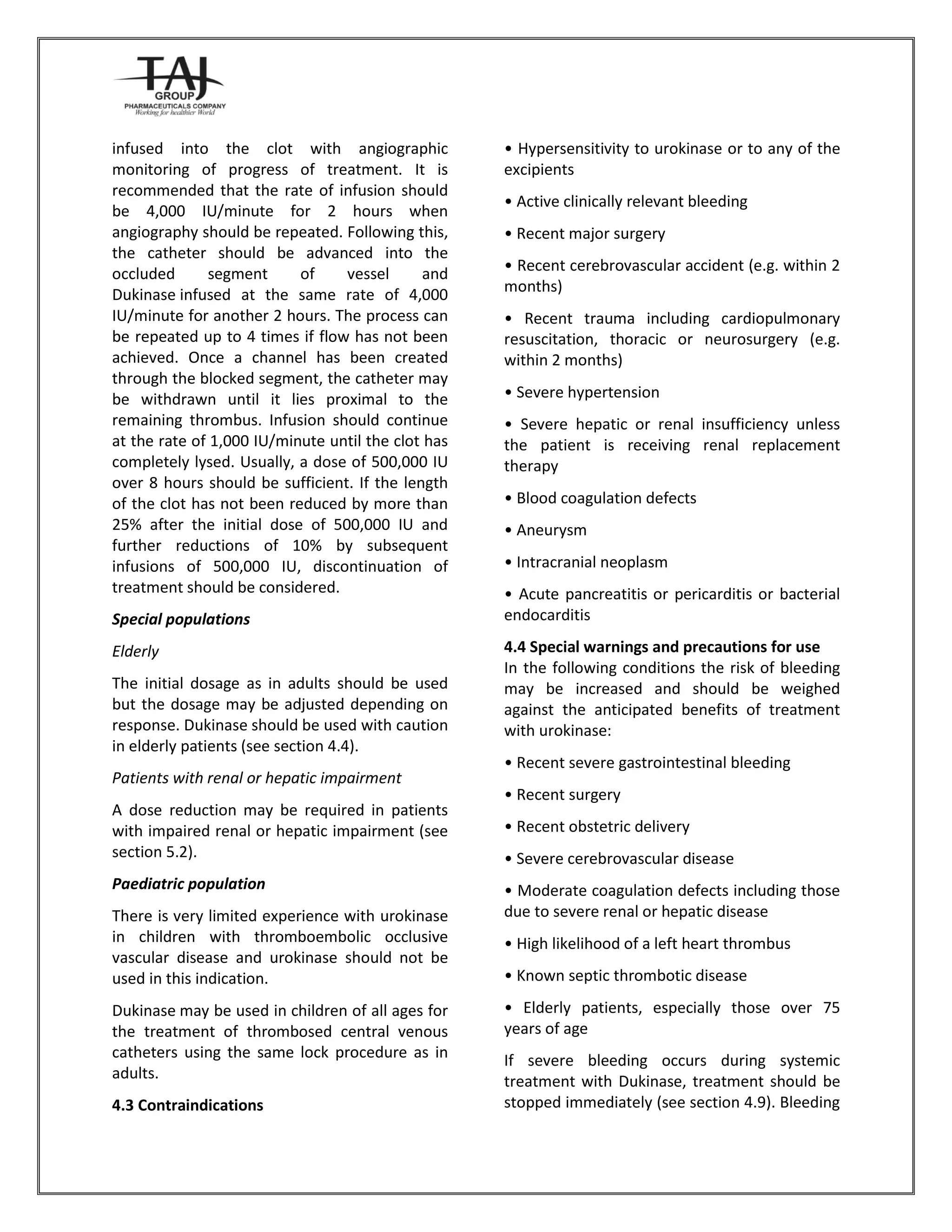 Urokinase Powder For Injection (Dukinase) Taj Pharma SmPC | PDF