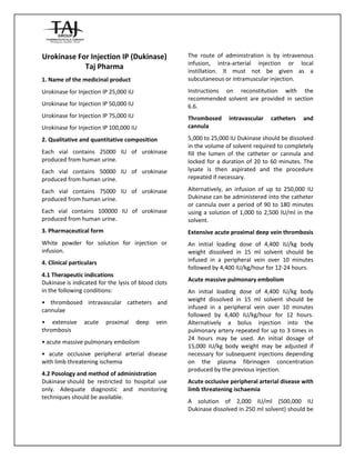 Urokinase Powder For Injection (Dukinase) Taj Pharma SmPC | PDF