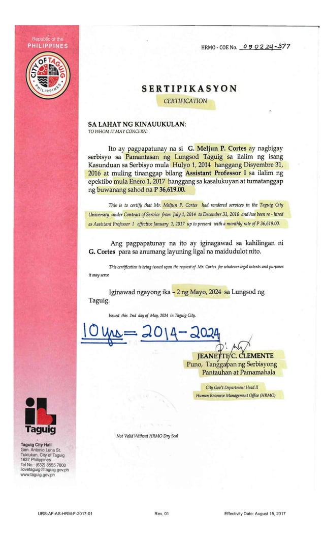 URS CORTES MELJUN 2025 Application Form RESUME and CREDENTIALS 60 pages ...