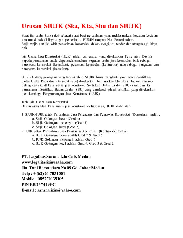 Urus siujk (Ska, Kta, Sbu dan SIUJK) Jasa Konstruksi Medan. | PDF