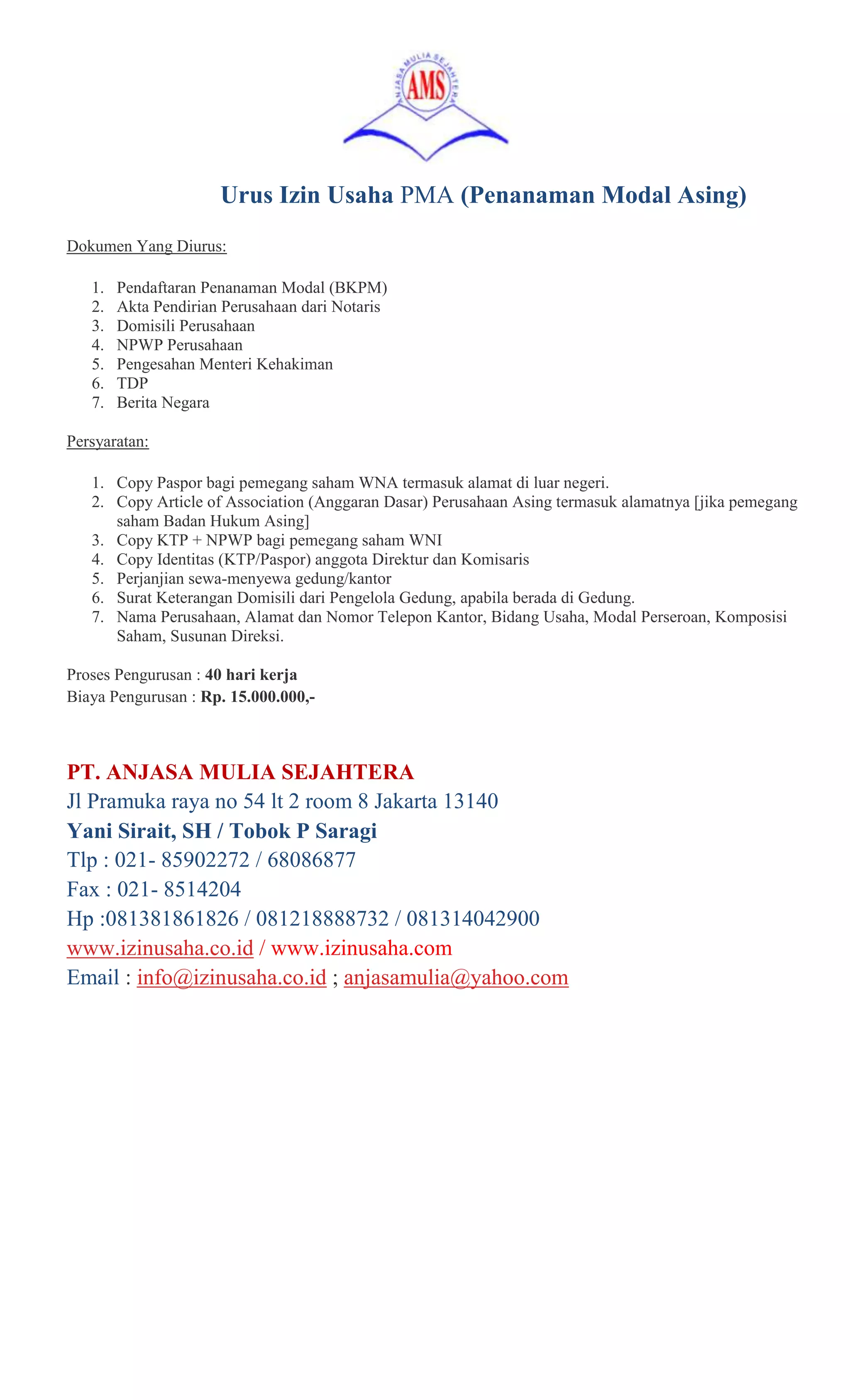 Urus izin usaha pma | DOCX