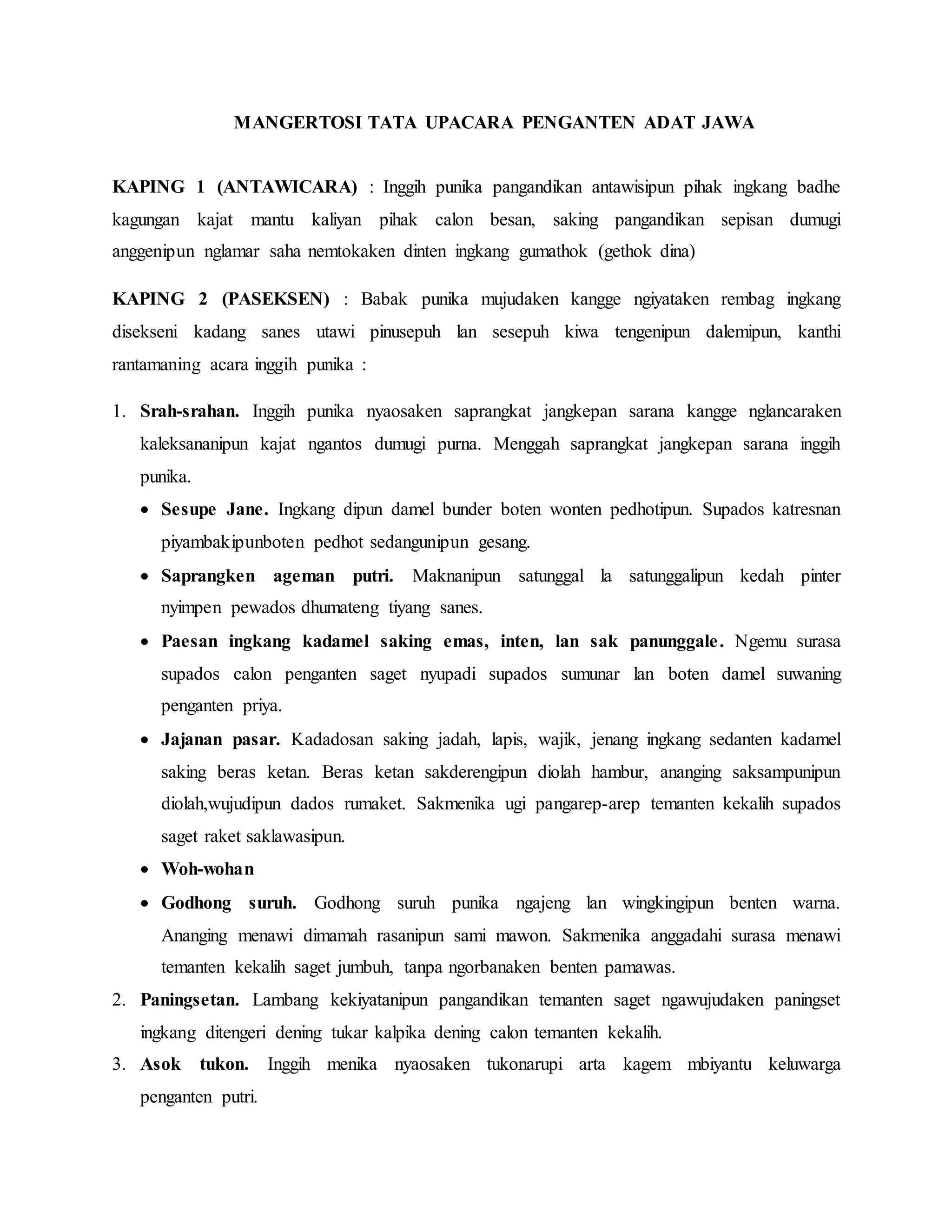 Urut-urutane (Tata Cara) Penganten Adat Jawa | DOCX