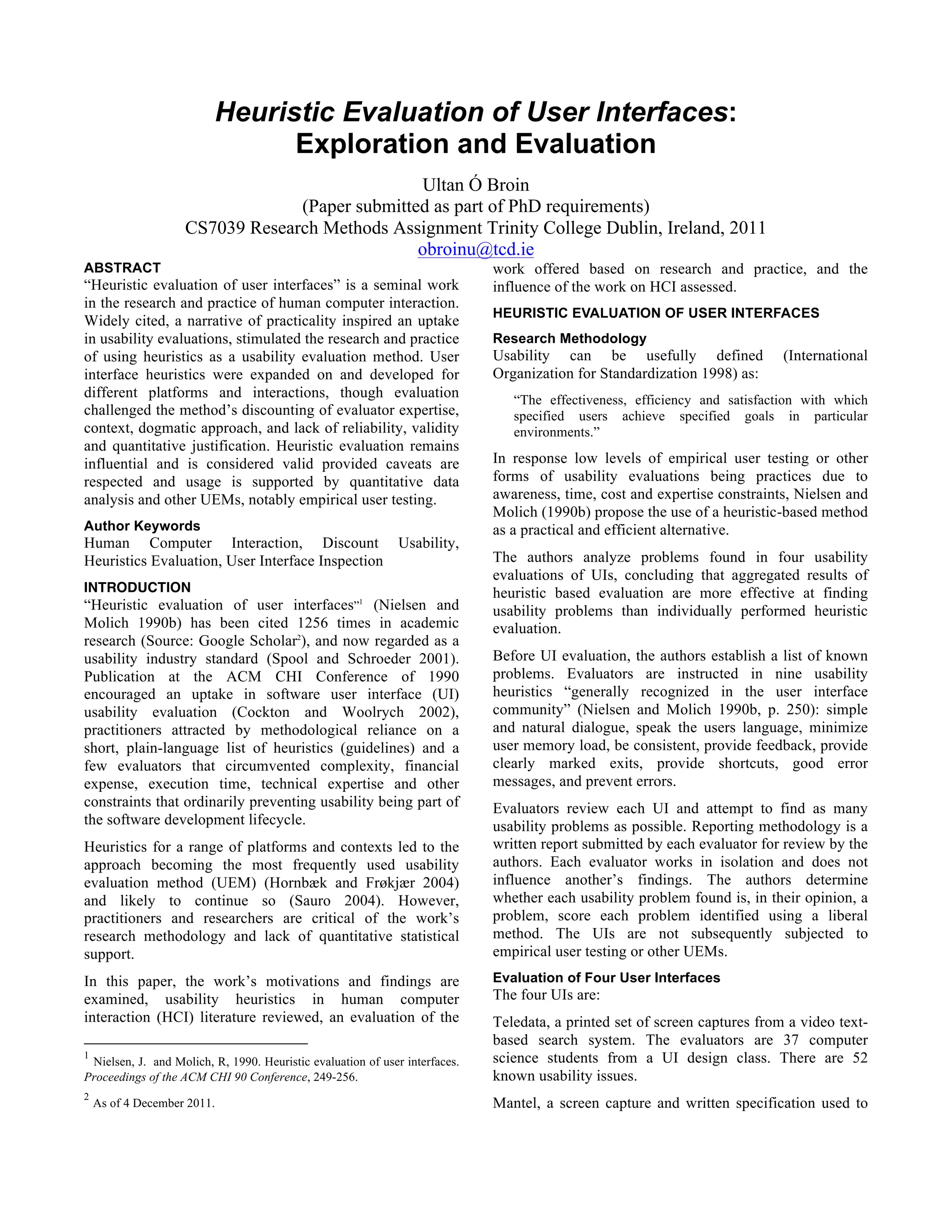 Heuristic Evaluation of User Interfaces: Exploration and Evaluation of Nielsen, J. and Molich, R ...