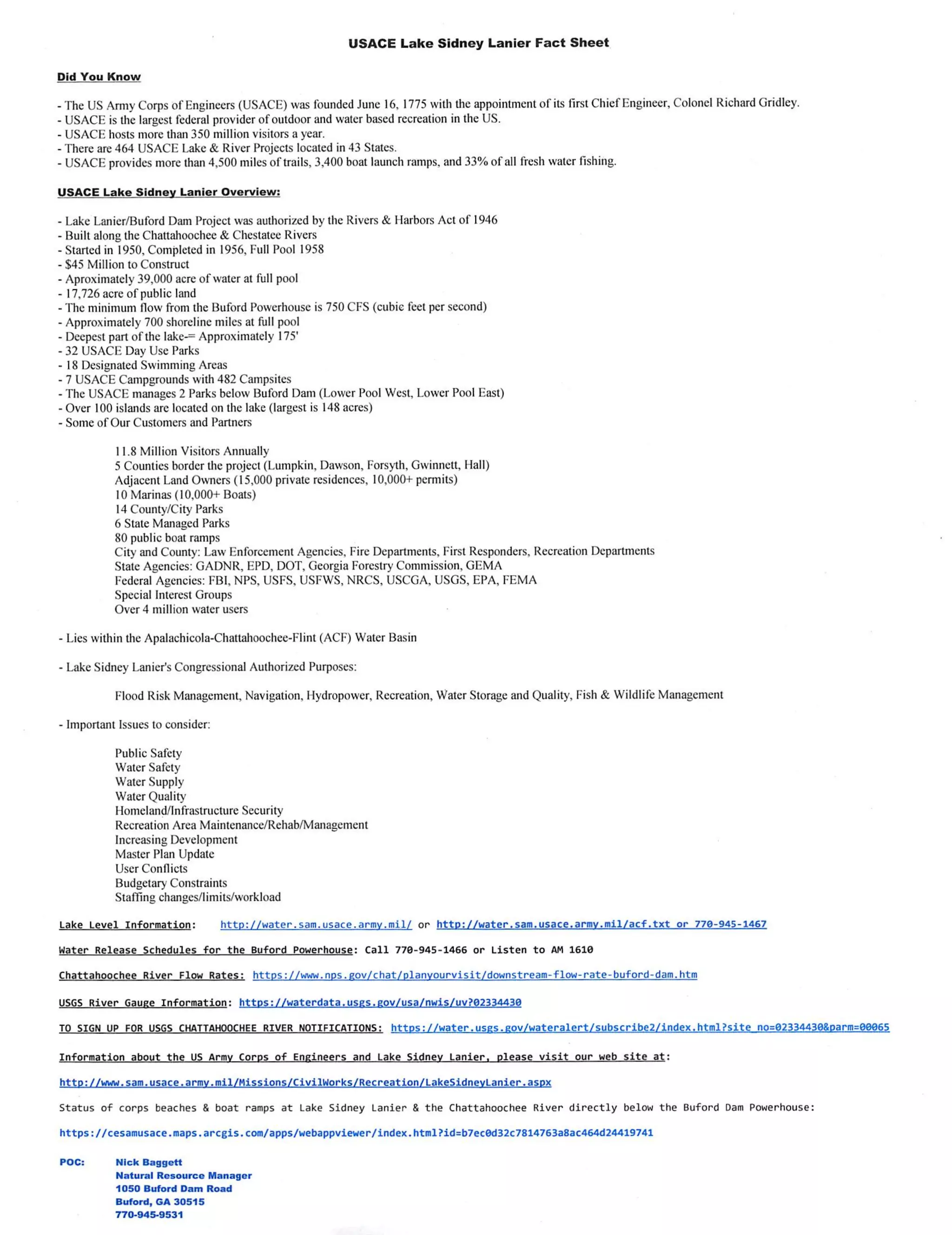 U.S. Army Corps Of Engineers Lake Sidney Lanier Fact Sheet | PDF