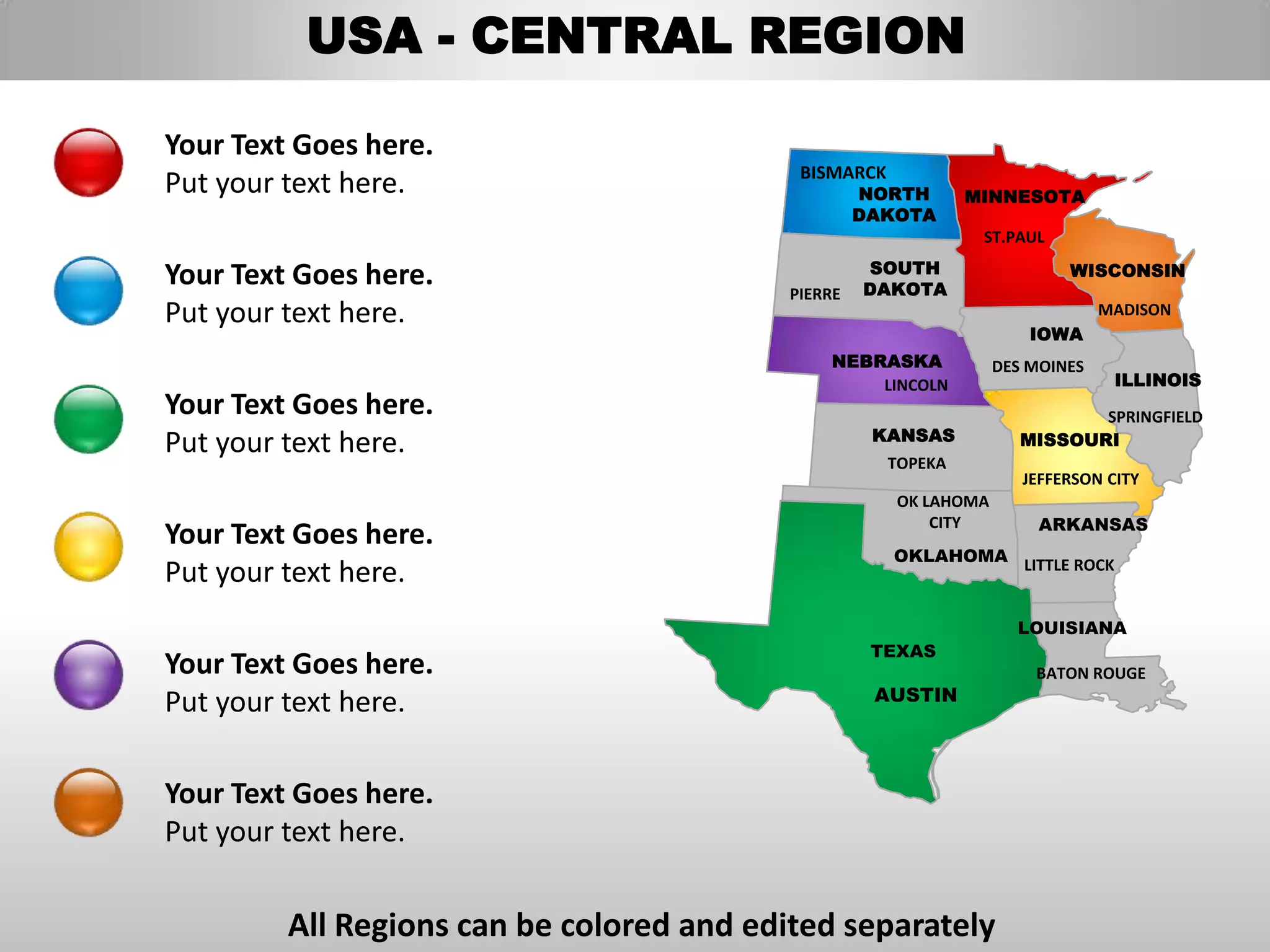 Usa central region country editable powerpoint maps with states and ...