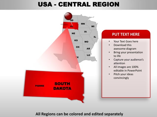 Usa central region country editable powerpoint maps with states and ...