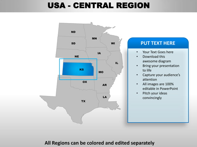 Usa central region country editable powerpoint maps with states and ...