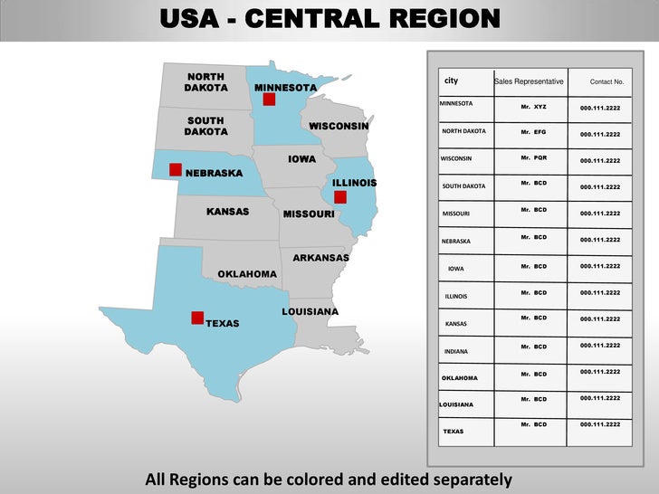 Usa central region country editable powerpoint maps with states and c…