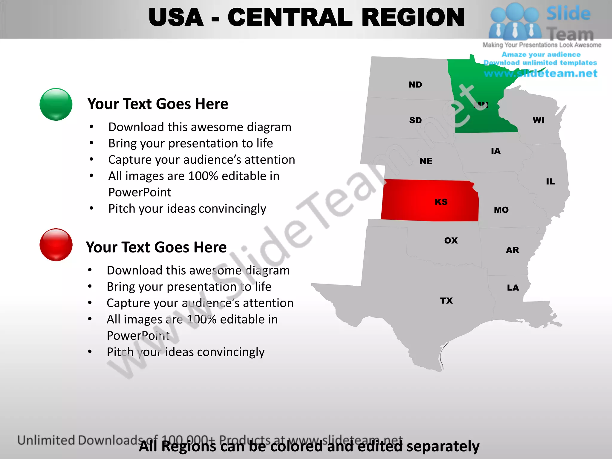 Usa central region country editable powerpoint maps with states and ...