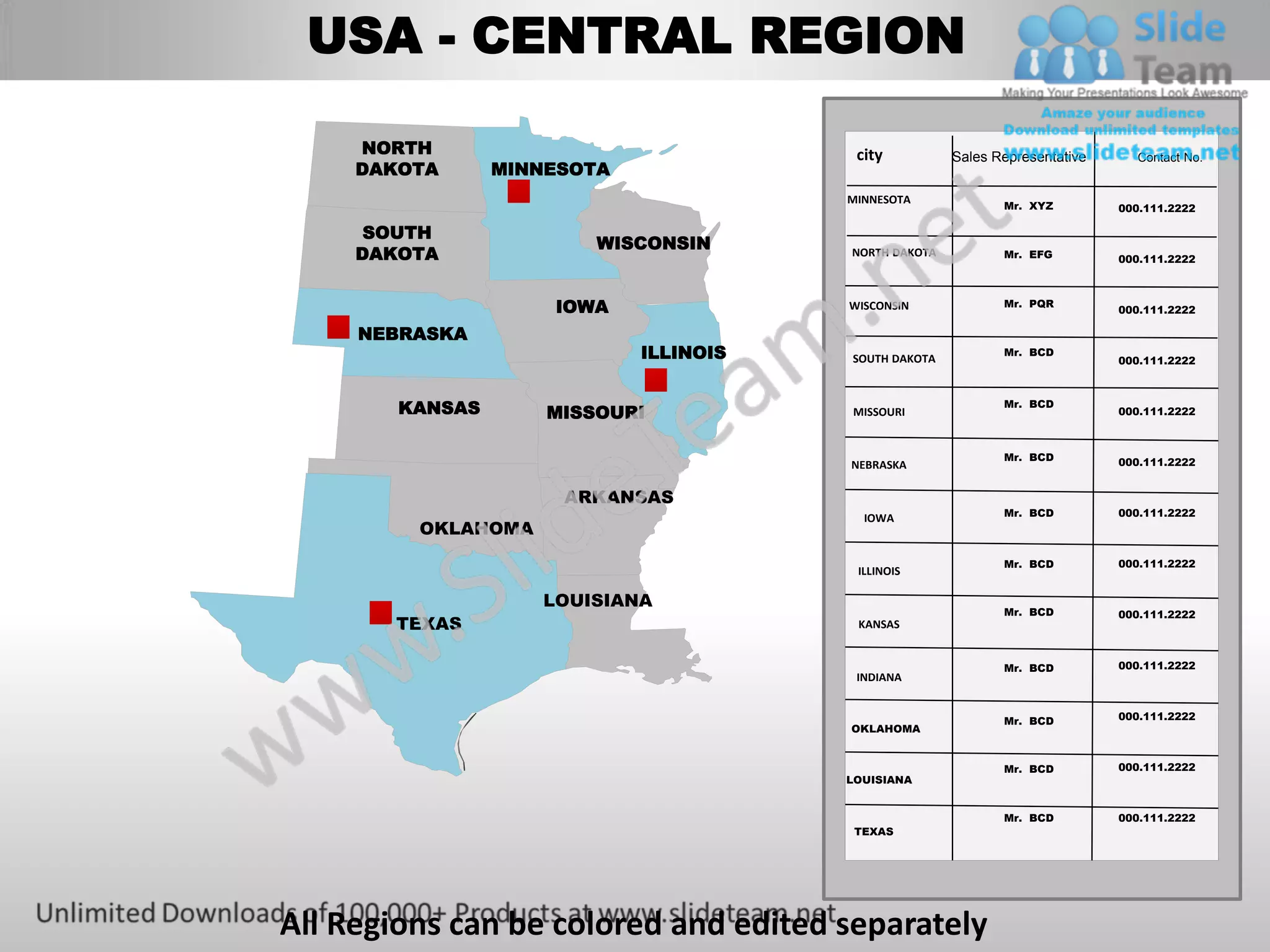 Usa central region country editable powerpoint maps with states and ...