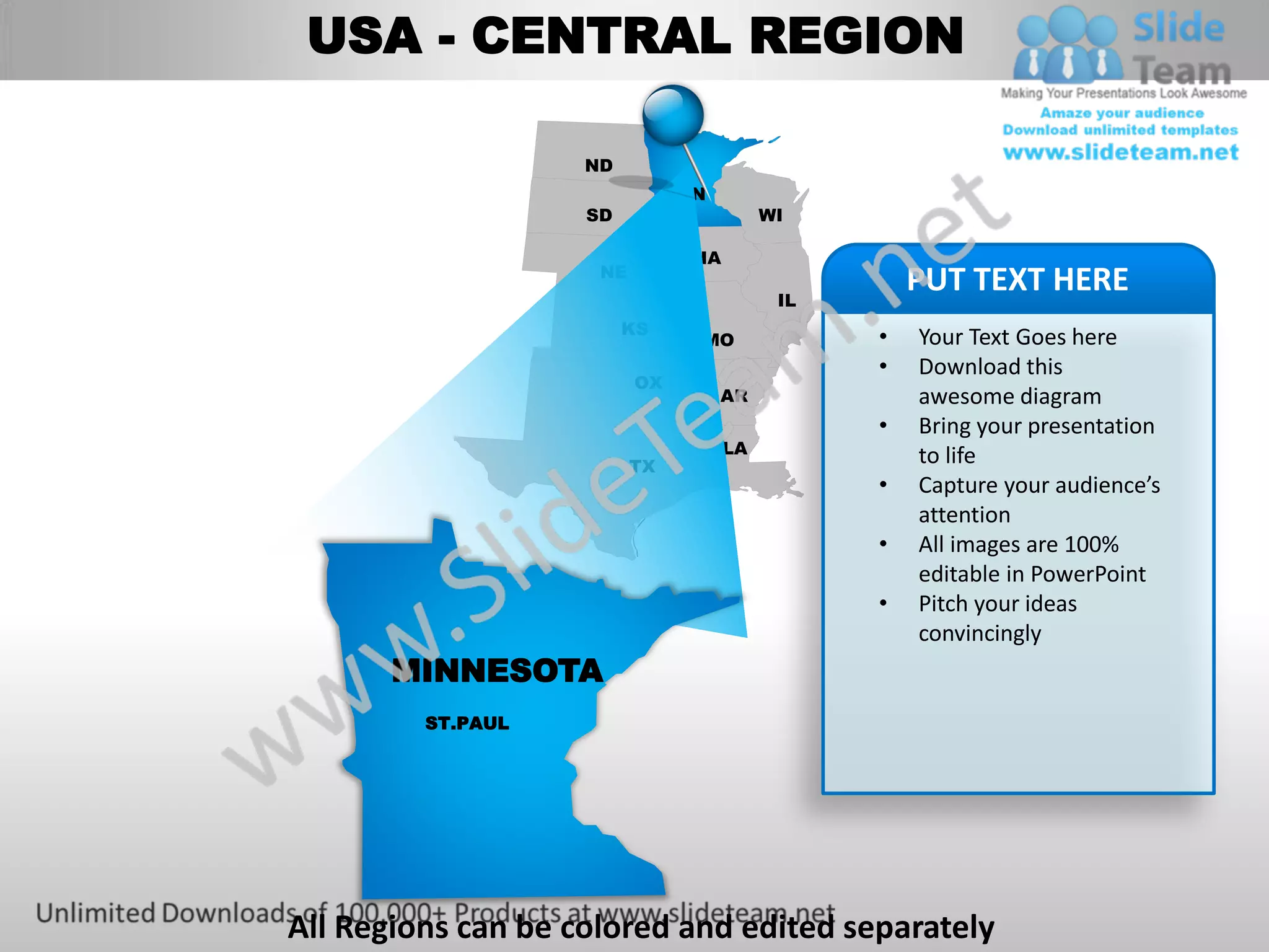 Usa central region country editable powerpoint maps with states and ...
