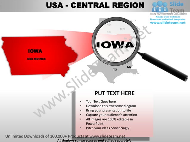 Usa central region country editable powerpoint maps with states and ...