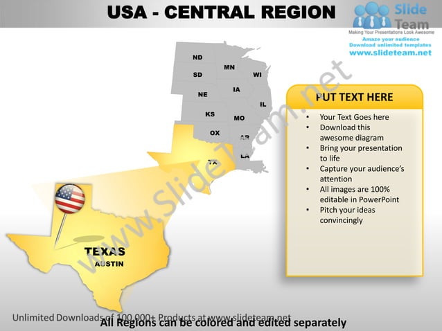 Usa central region country editable powerpoint maps with states and ...