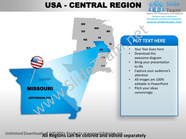 Usa central region country editable powerpoint maps with states and ...