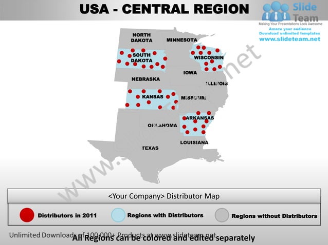 Usa central region country editable powerpoint maps with states and ...