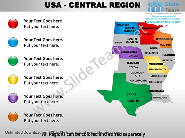 Usa central region country editable powerpoint maps with states and ...