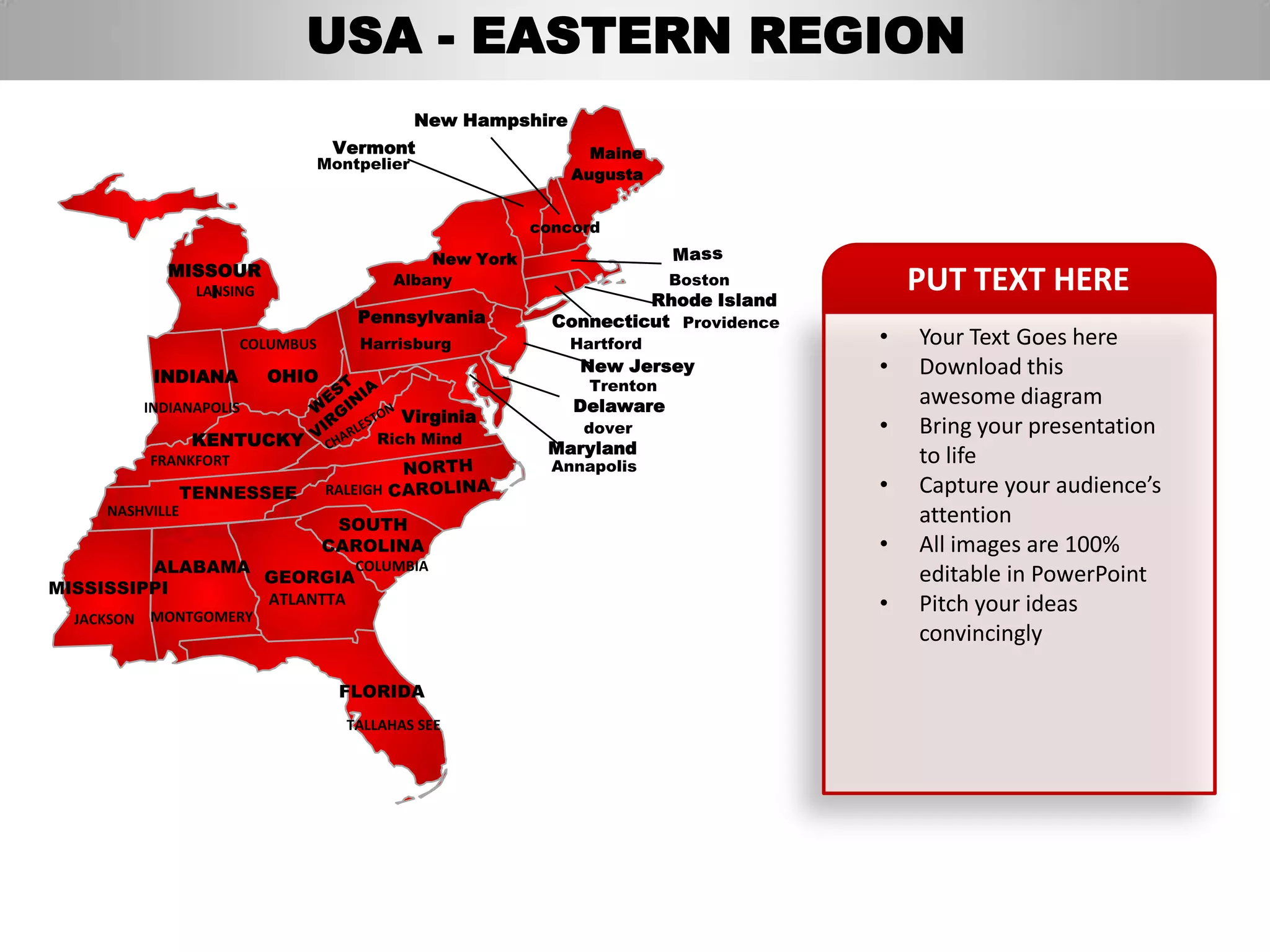 Usa eastern region country editable powerpoint maps with states and ...