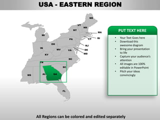 Usa eastern region country editable powerpoint maps with states and ...