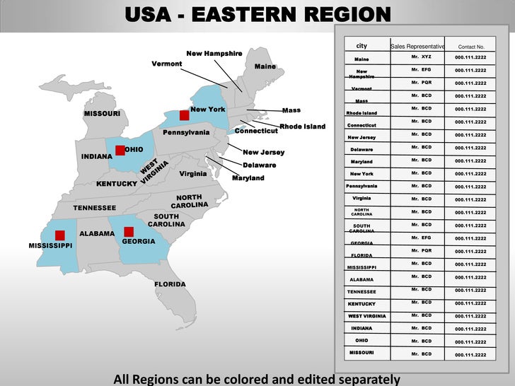 Usa eastern region country editable powerpoint maps with states and c…