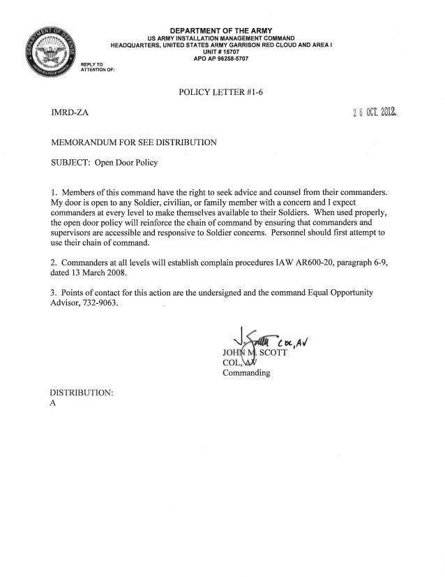 USAG Red Cloud Command Policy 1-06 Open Door Policy