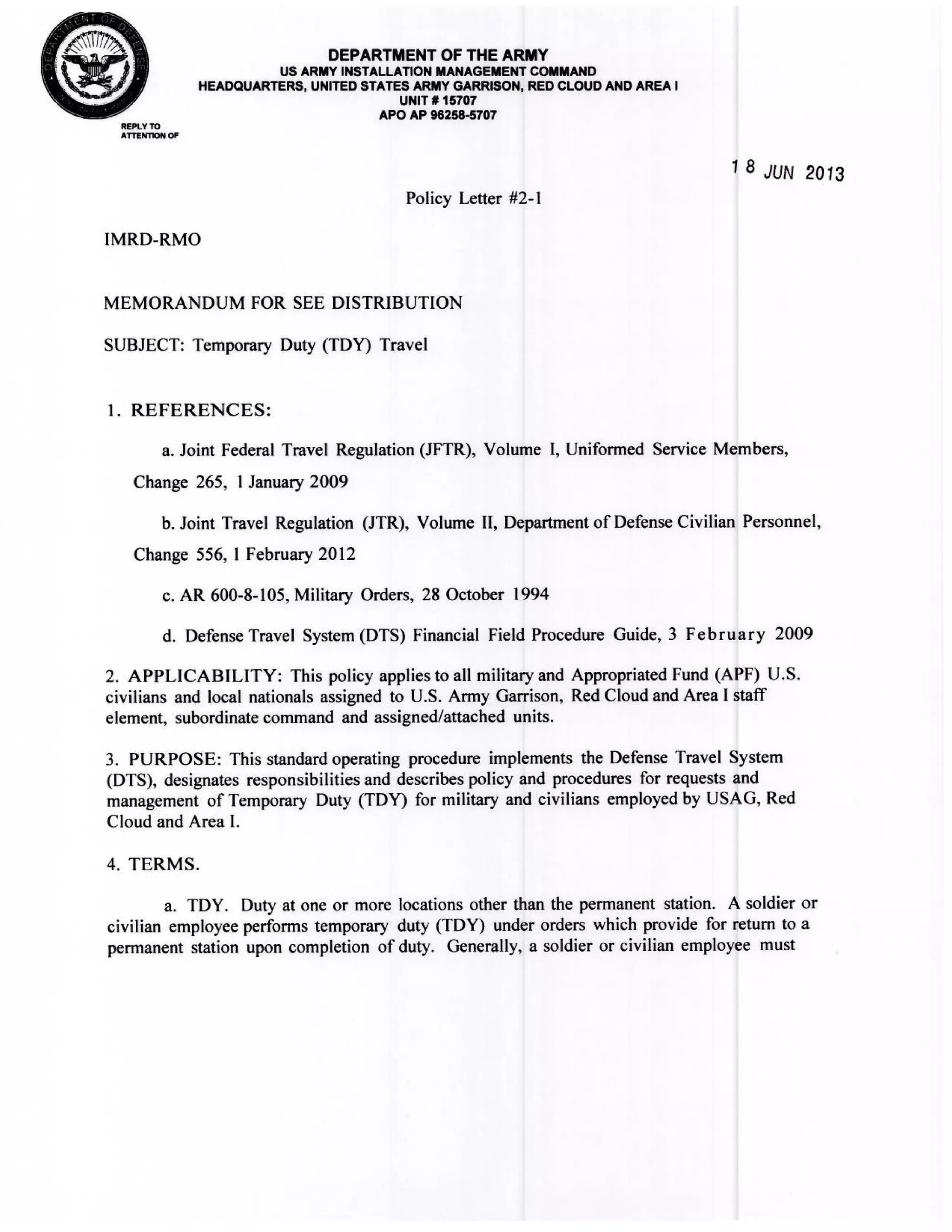 USAG Red Cloud Command Policy 2-01 TDY Travel | PDF | Death, Injury, or ...