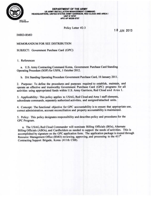 USAG Red Cloud Command Policy 2-03 Government Purchase Card