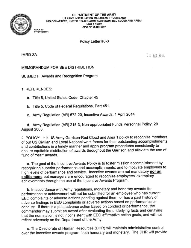 USAG Red Cloud Command Policy 8-3 Awards and Recognition Program | PDF