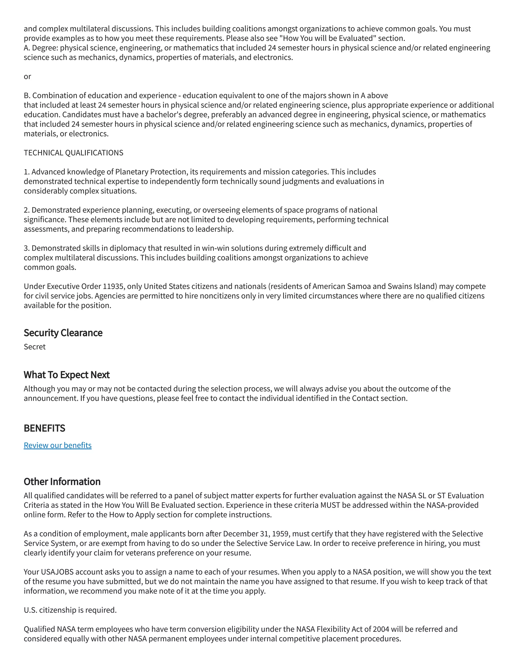 NASA Planetary Protection Officer Job Announcement - USAJOBS | PDF