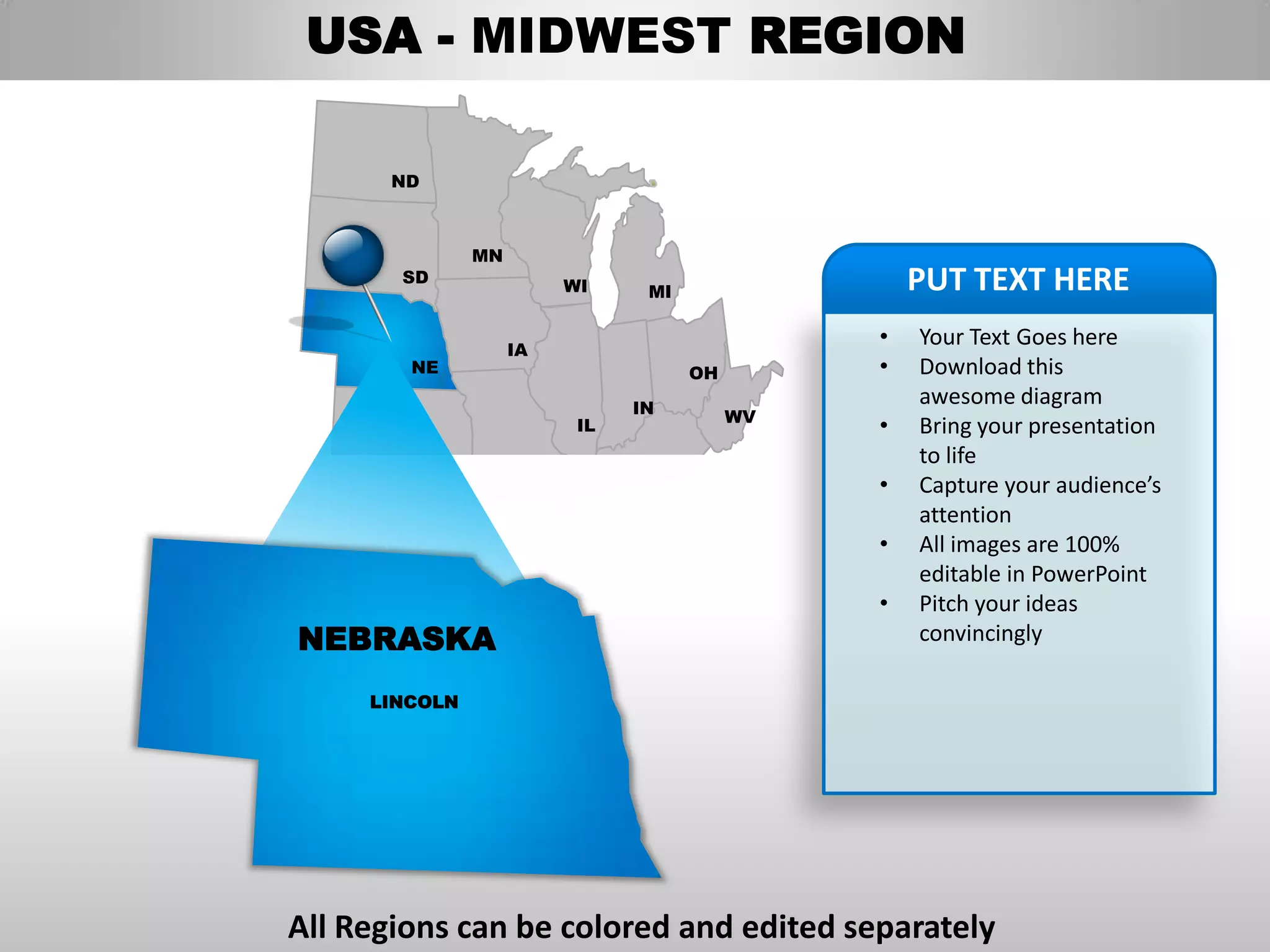 Usa midwest region country editable powerpoint maps with states and ...