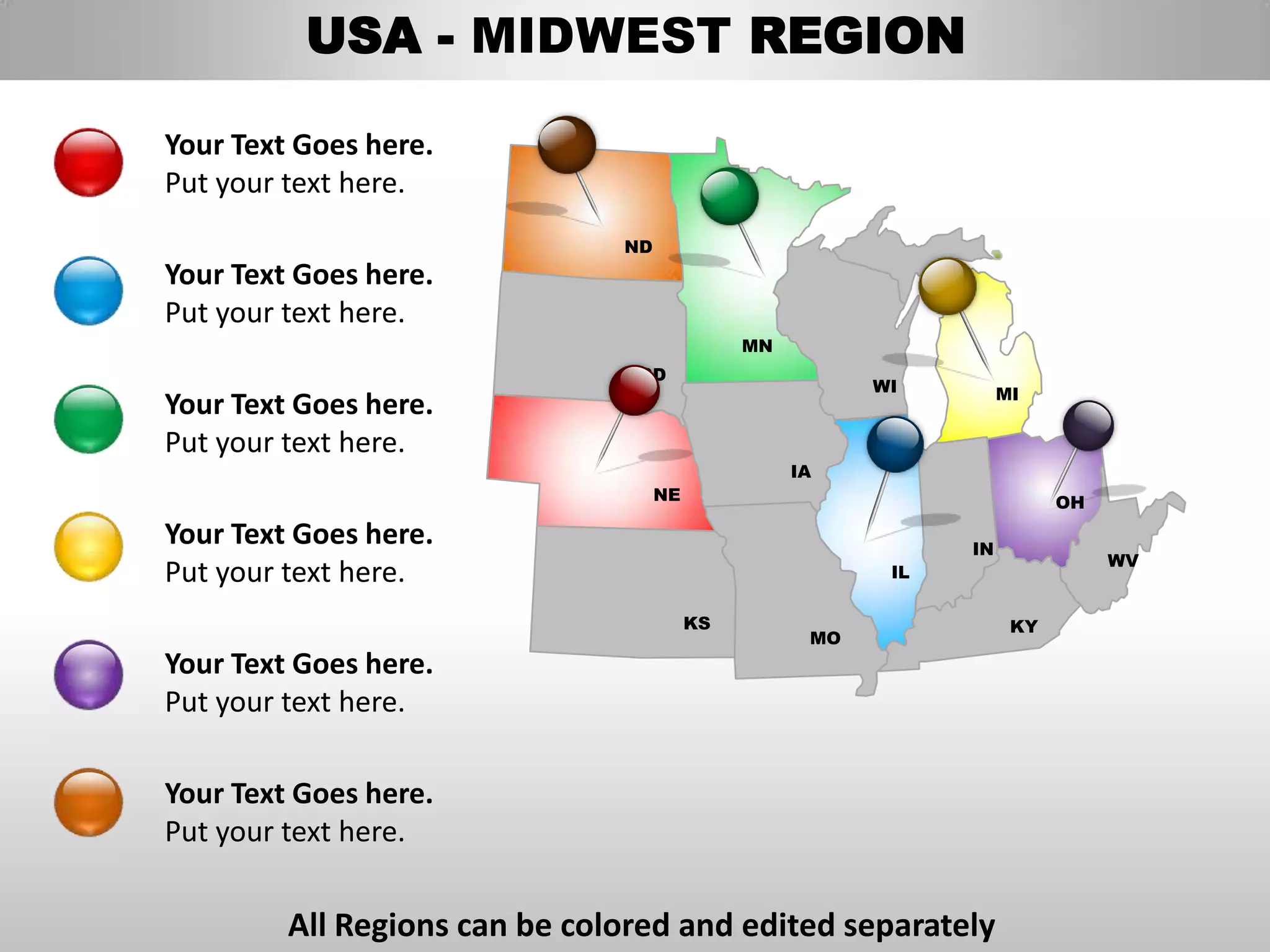 Usa midwest region country editable powerpoint maps with states and ...