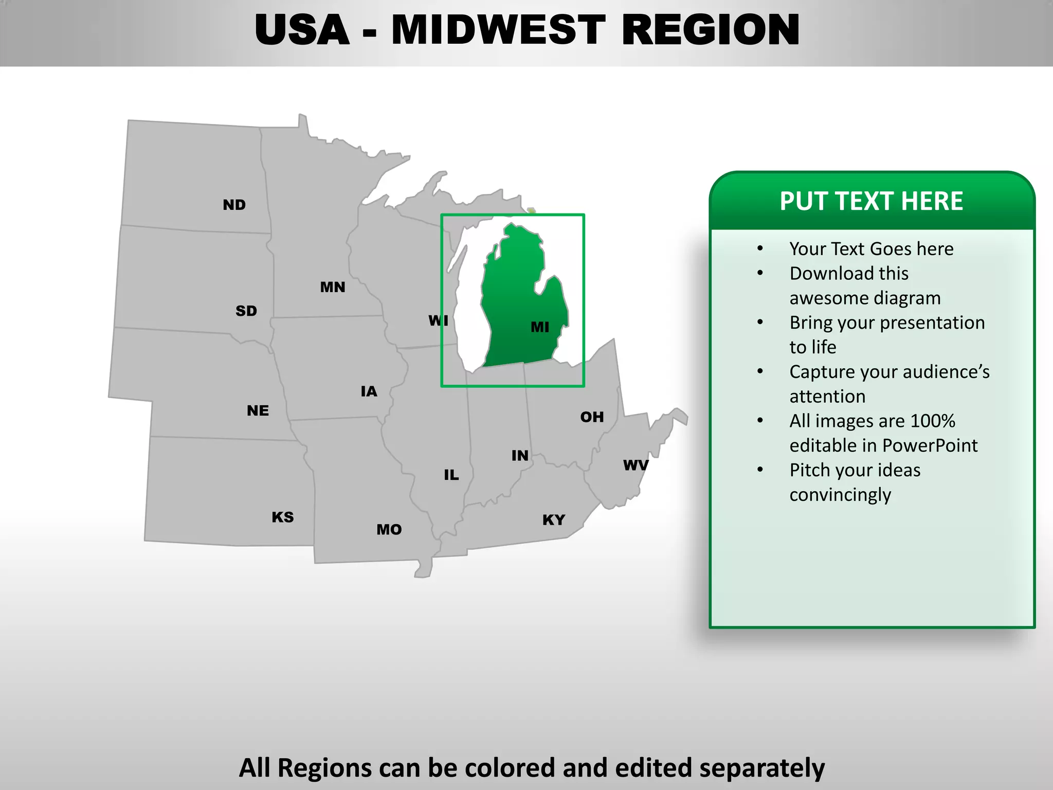 Usa midwest region country editable powerpoint maps with states and ...