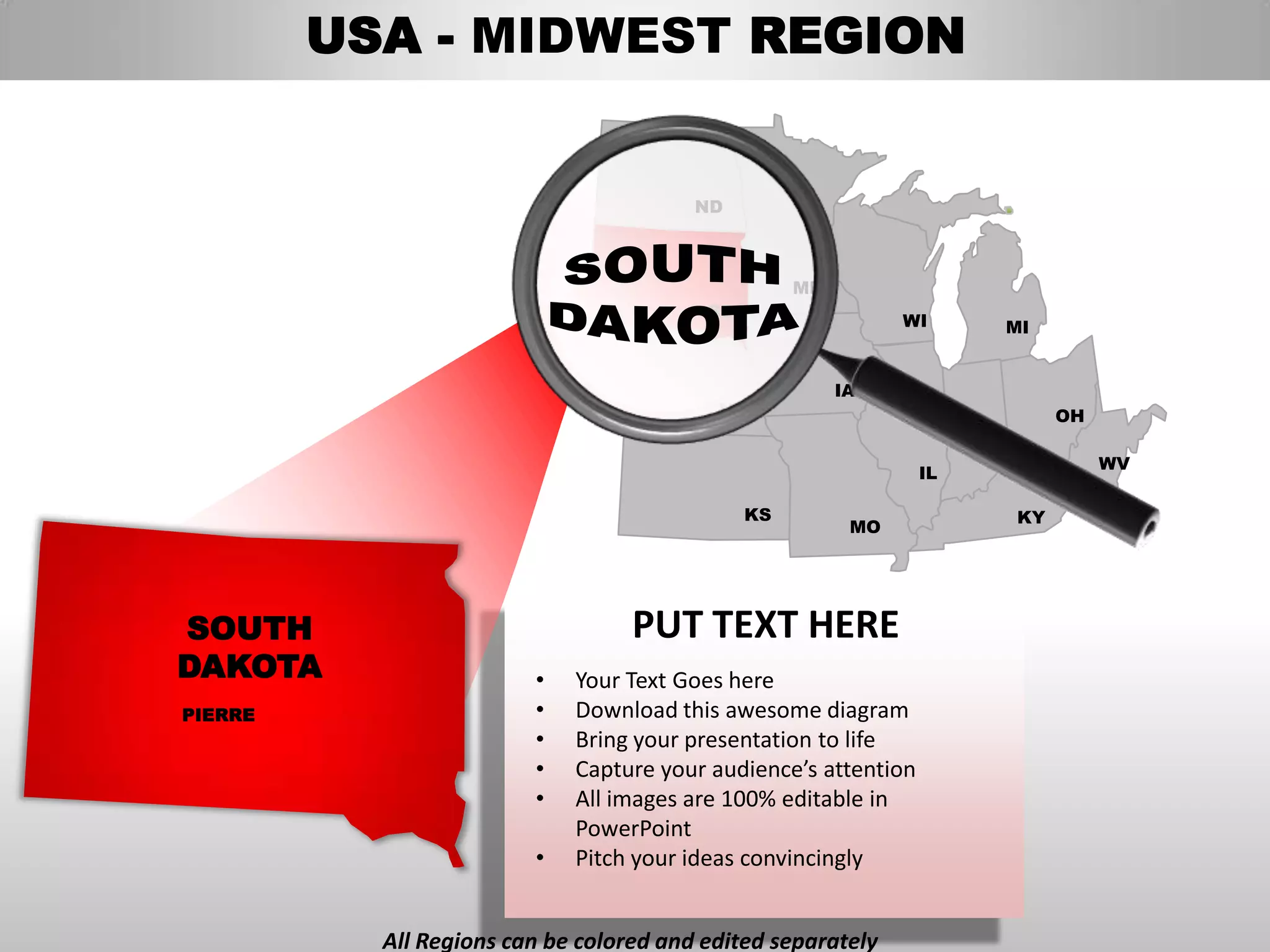 Usa midwest region country editable powerpoint maps with states and ...
