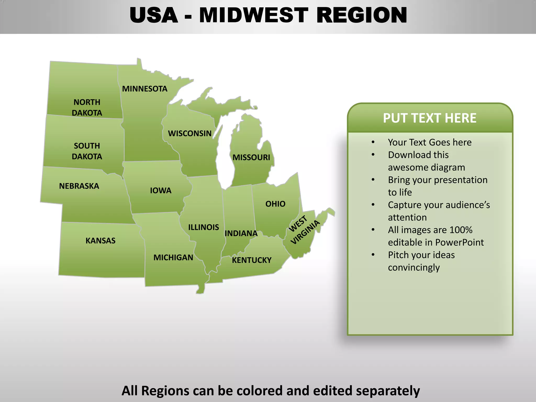 Usa midwest region country editable powerpoint maps with states and ...