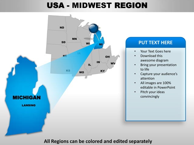 Usa midwest region country editable powerpoint maps with states and ...