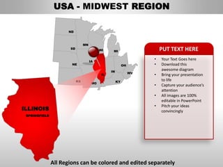 Usa midwest region country editable powerpoint maps with states and ...