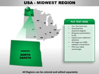 Usa midwest region country editable powerpoint maps with states and ...