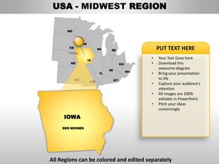 Usa midwest region country editable powerpoint maps with states and ...