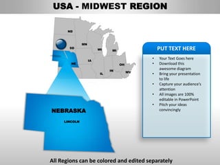 Usa midwest region country editable powerpoint maps with states and ...
